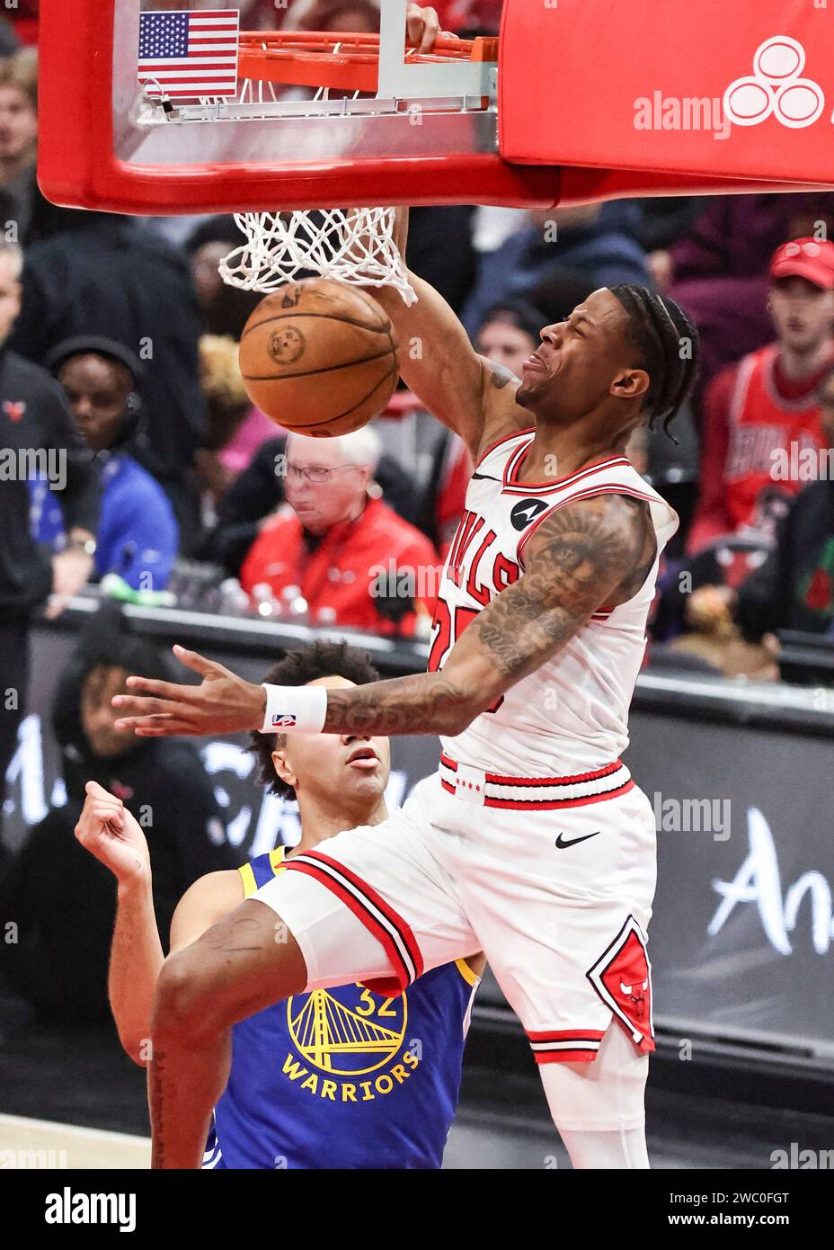 Chicago, USA. 12th Jan, 2024. Chicago Bulls forward Dalen Terry (top ...