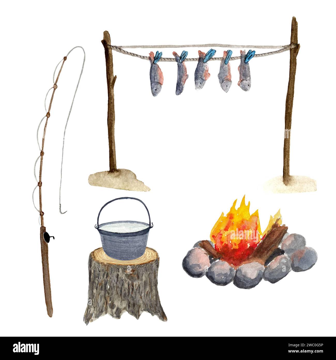 Watercolor fishing drying fish bonfire isolated on white Stock Photo ...