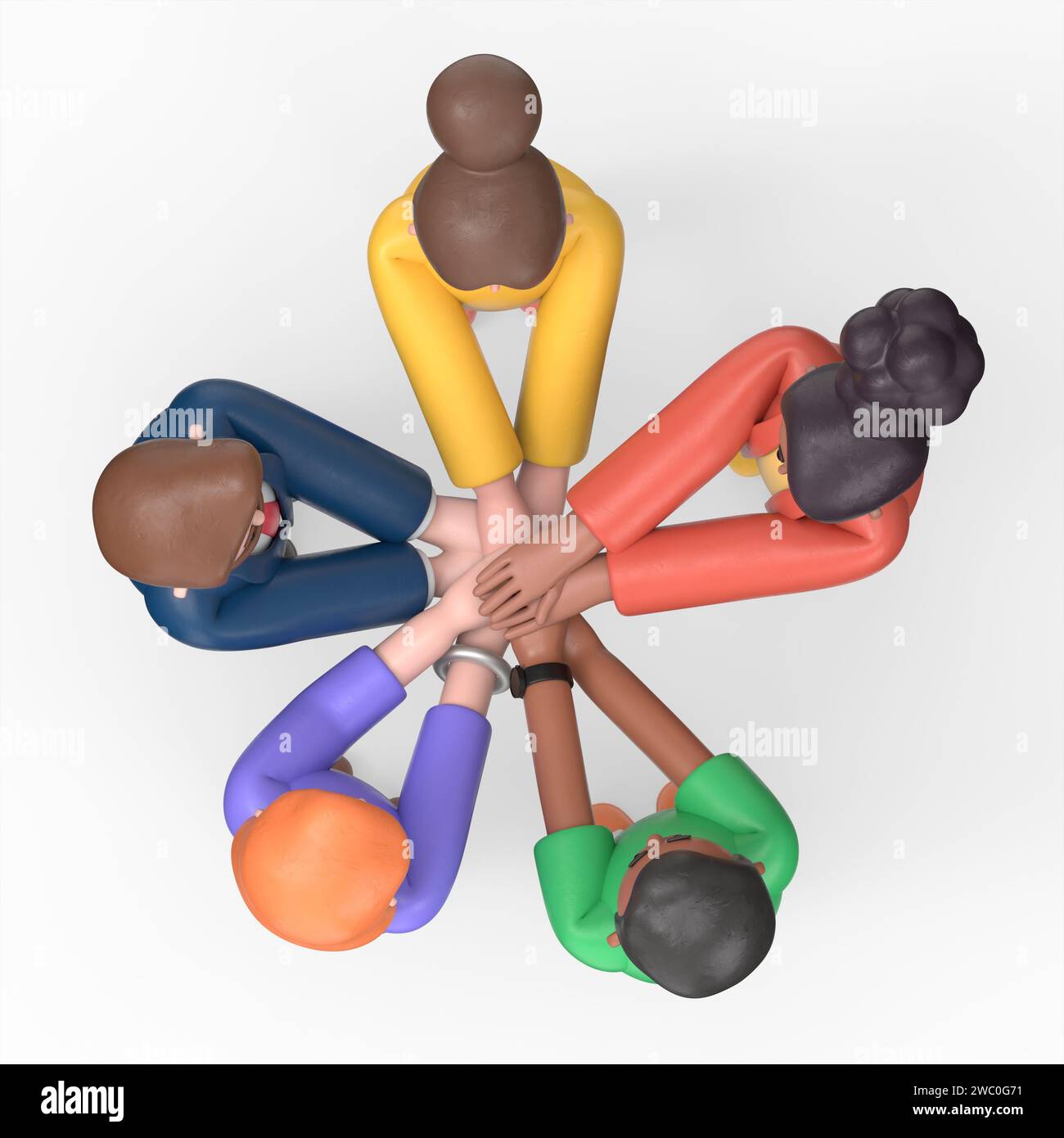 Friendly team hand on hand support motto. Office table top view ...