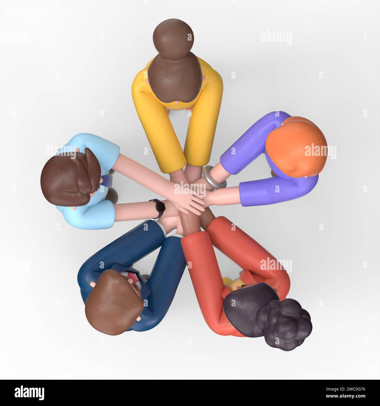 Friendly team hand on hand support motto. Office table top view ...