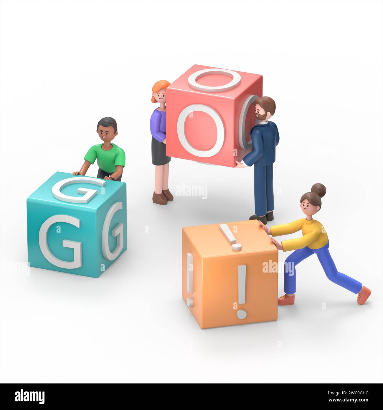 3d people - man, person and a button with word " go! ".3D rendering on ...