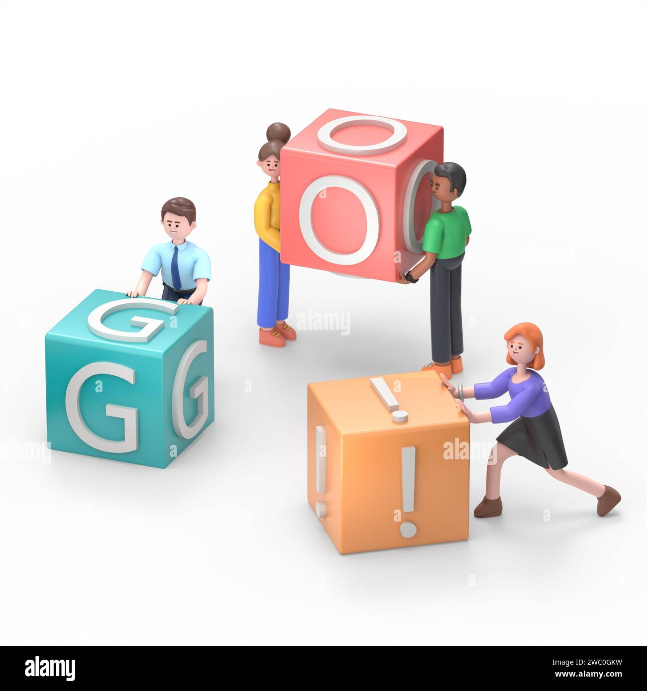 3d people - man, person and a button with word " go! ".3D rendering on ...