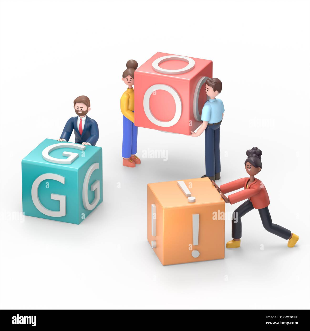 3d people - man, person and a button with word " go! ".3D rendering on ...