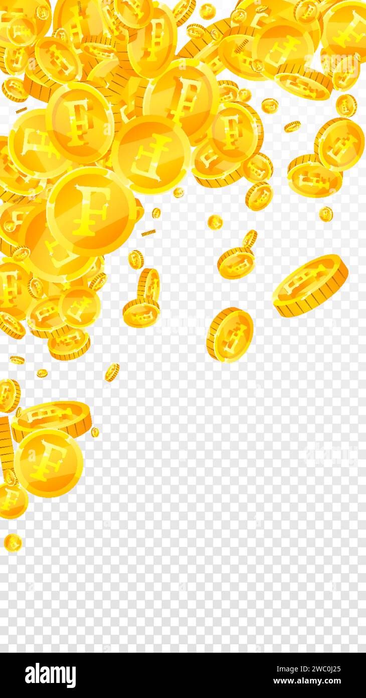 Swiss franc coins falling. Gold scattered CHF coins. Switzerland money ...