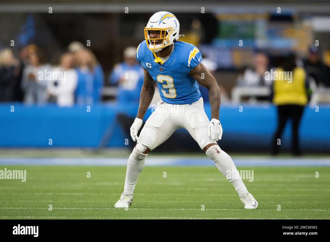 Los Angeles Chargers safety Derwin James Jr. (3) takes his stance ...