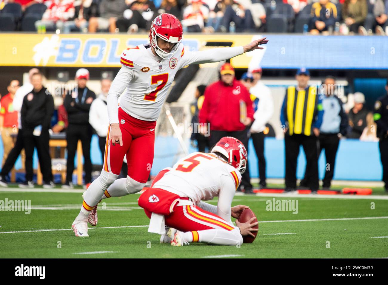 Kansas City Chiefs place kicker Harrison Butker (7) kicks for a field ...