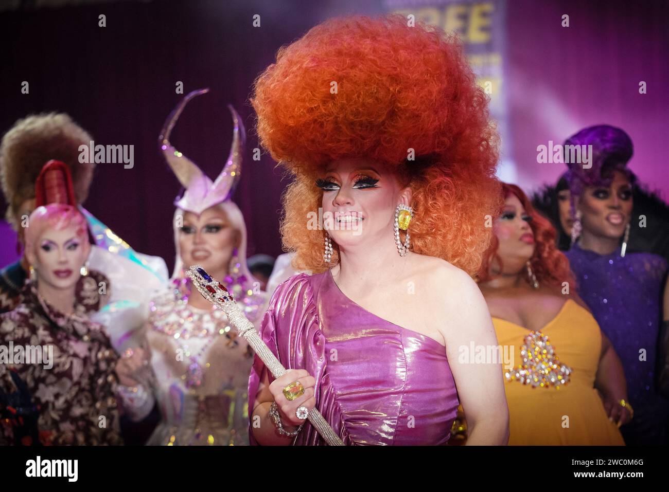 London, UK. 13th Jan 2024. Vibrant Drag Queens gather on the carpet ...