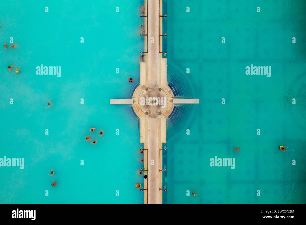 Aerial top down view about people swimming in the thermal bath at ...