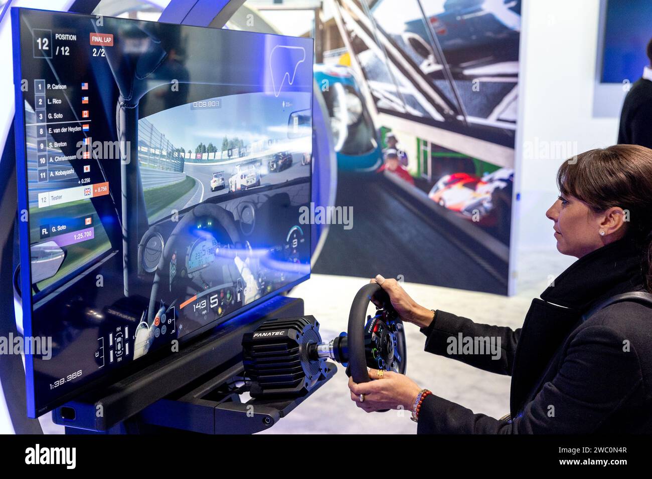 Las Vegas, USA. 12th Jan, 2024. An attendee plays Gran Turismo 7 at the ...