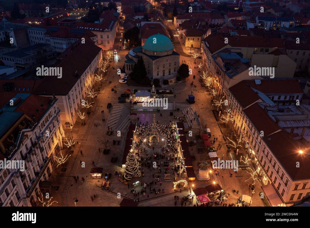 Aerial skyline view about the downtown of Pecs with the Mosque of Pasha ...