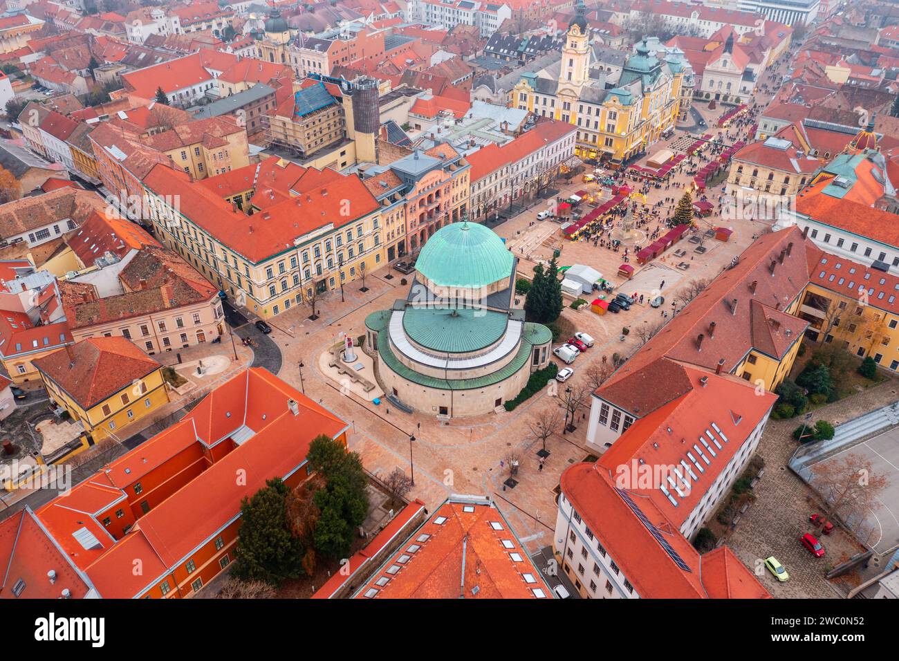 Aerial skyline view about the downtown of Pecs with the Mosque of Pasha ...