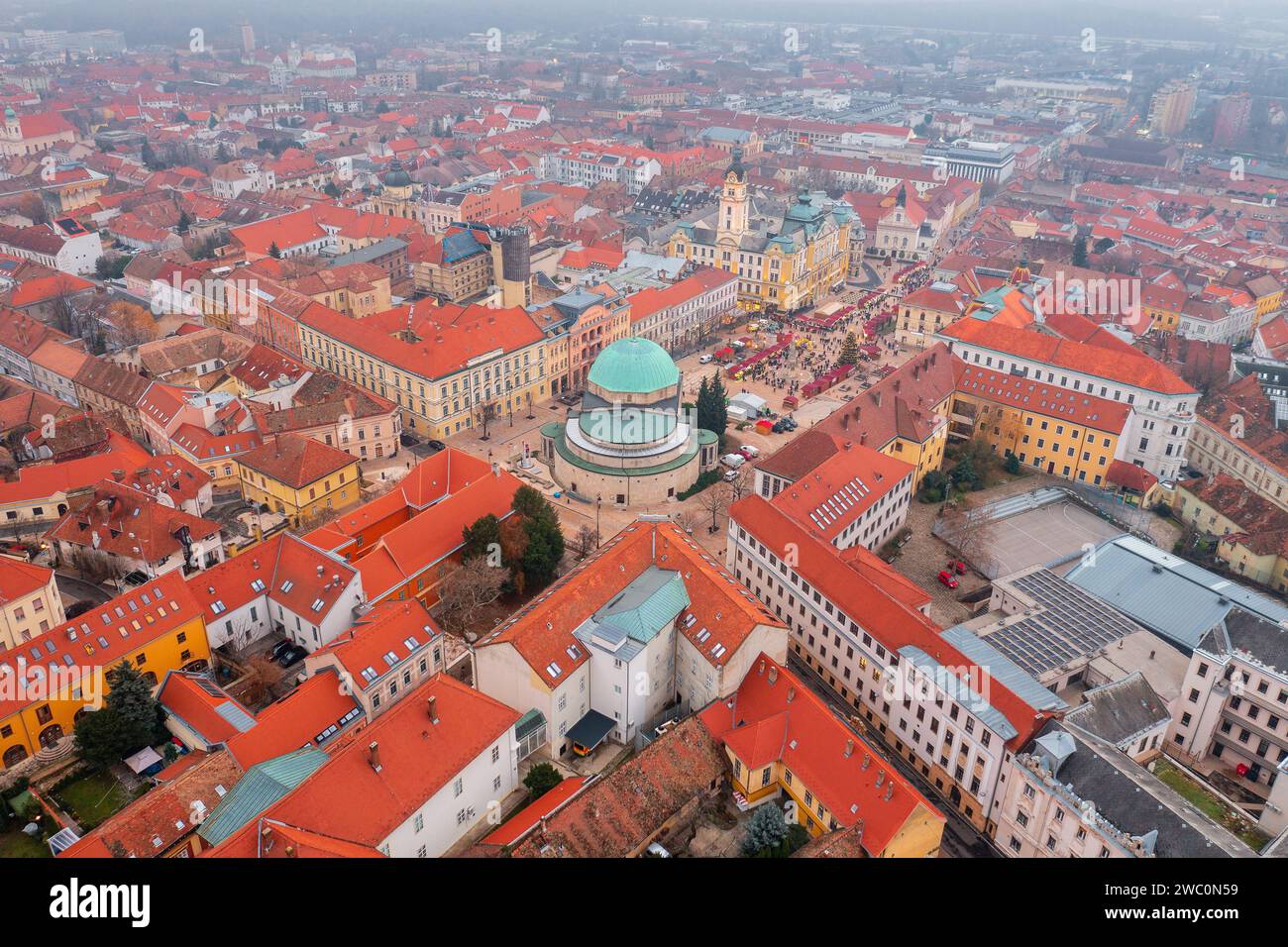 Aerial skyline view about the downtown of Pecs with the Mosque of Pasha ...