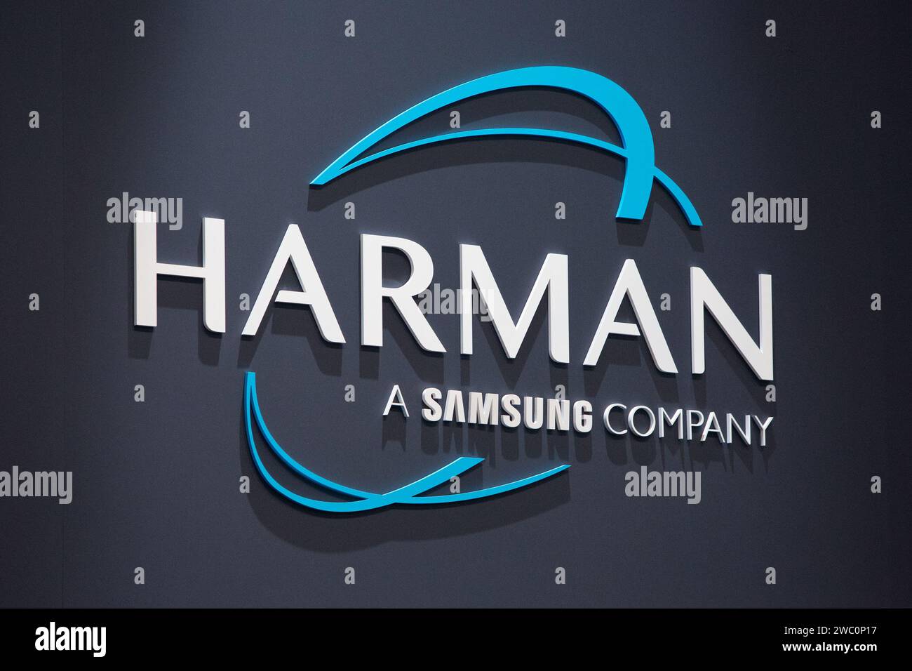 Las Vegas, USA. 12th Jan, 2024. A Harman sign is displayed during CES ...