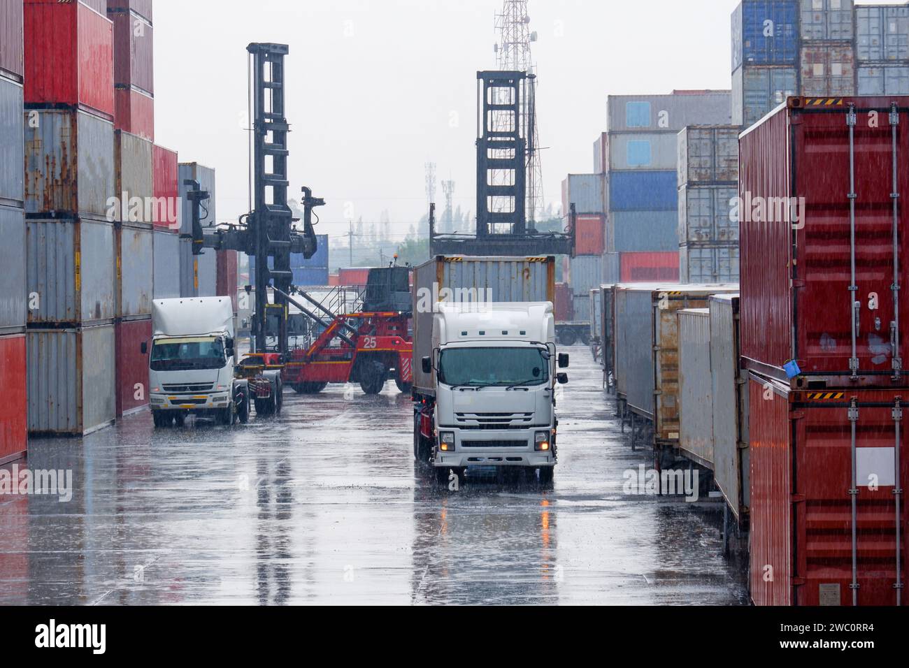 Container truck when it rains on the wharf international transport ...