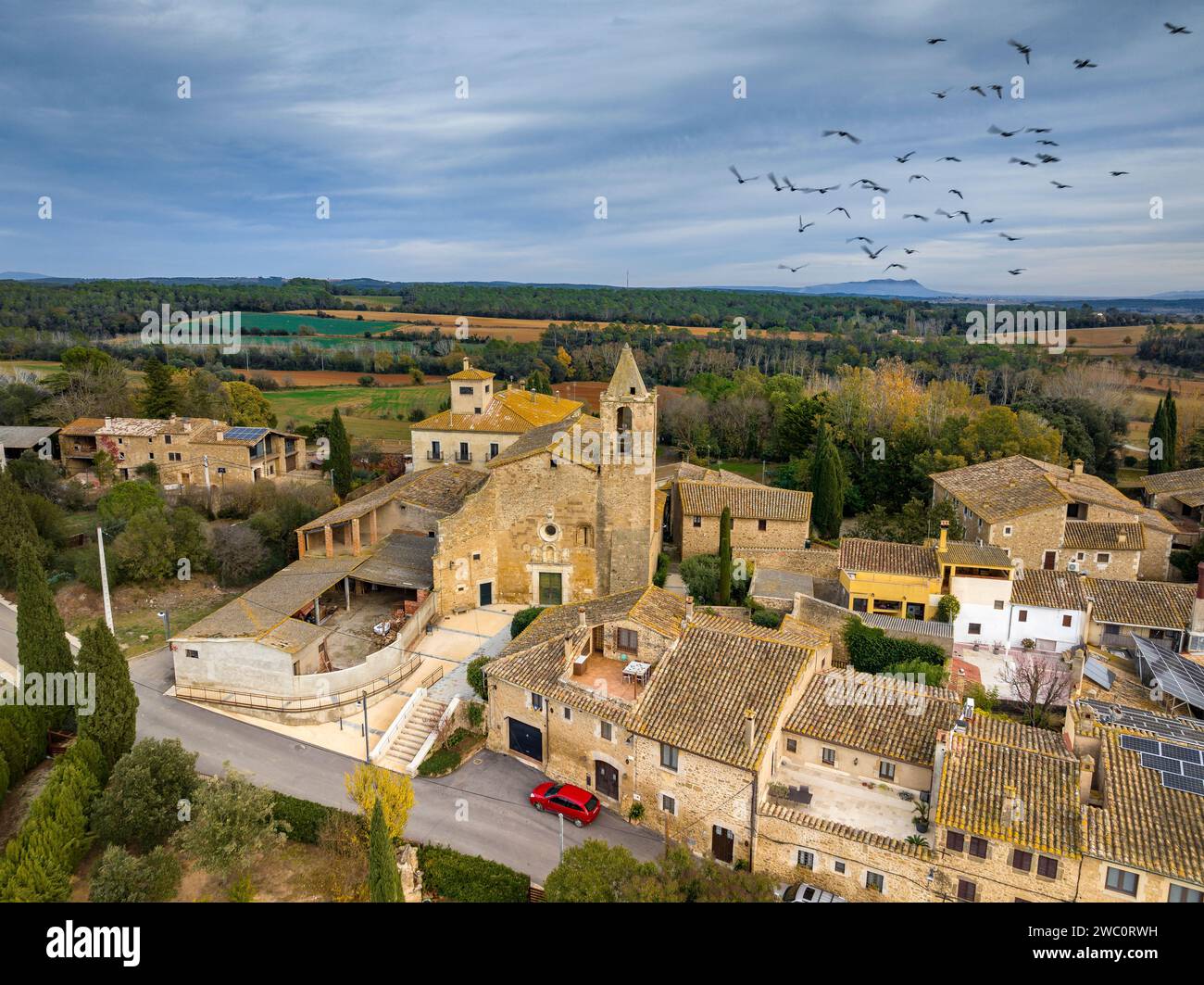 Aerial view of the town of Viladasens and its rural surroundings on a ...