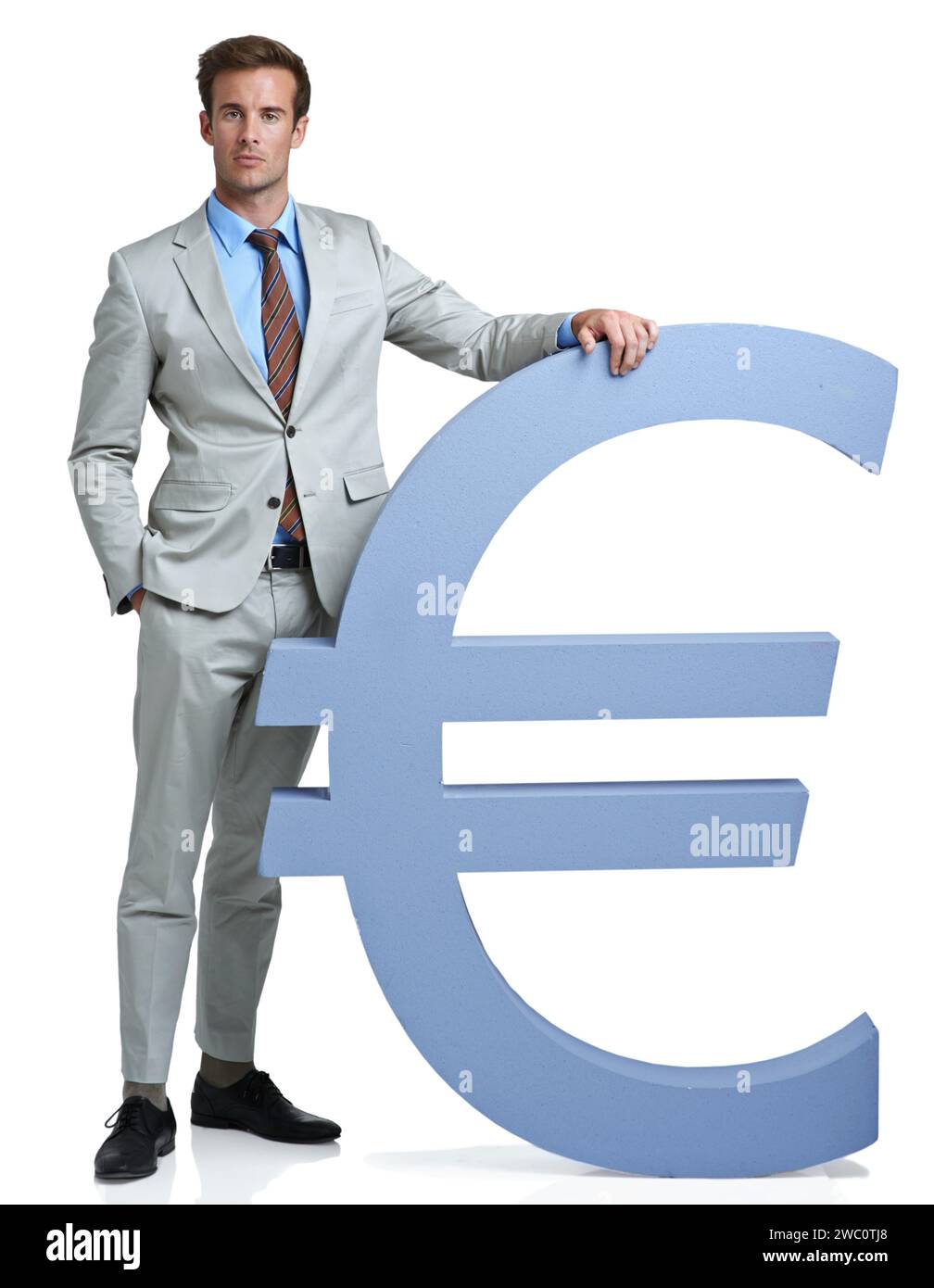 Portrait, Euro currency icon and man with investment, finance or ...