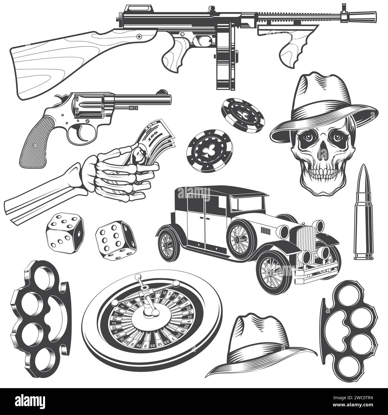 Gangster set. Vector illustration. Vintage monochrome icon casino wheel ...
