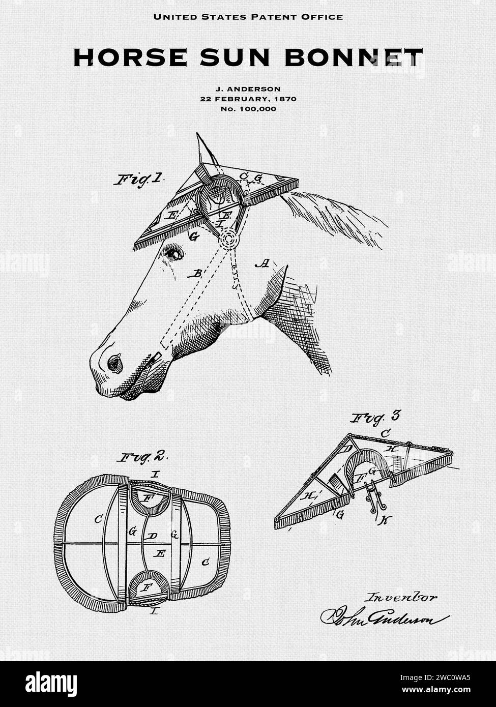 US patent design from 1870 for a quirky sun bonnet for a horse on a ...