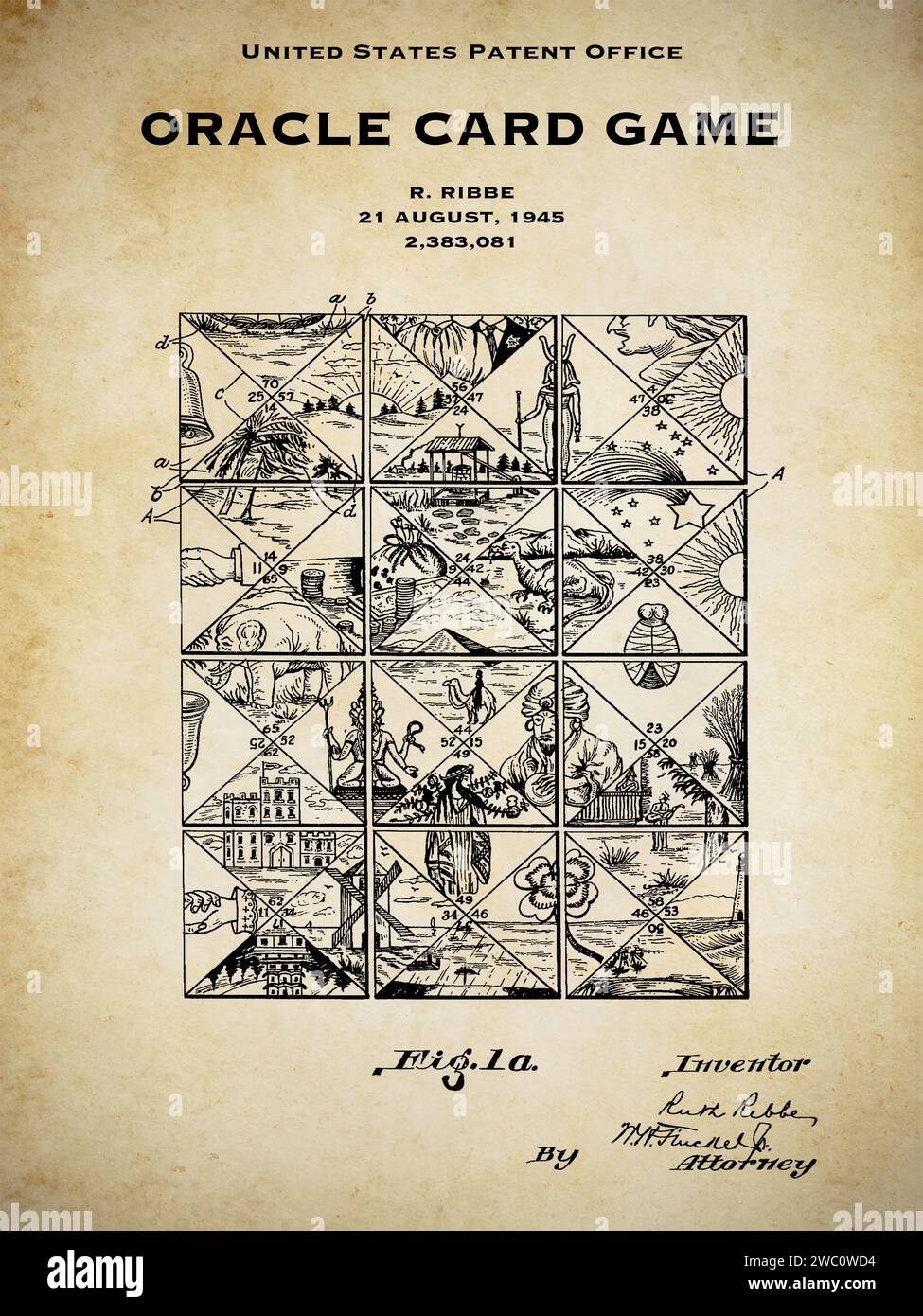 US patent design from 1945 for a quirky oracle card game on a vintage ...