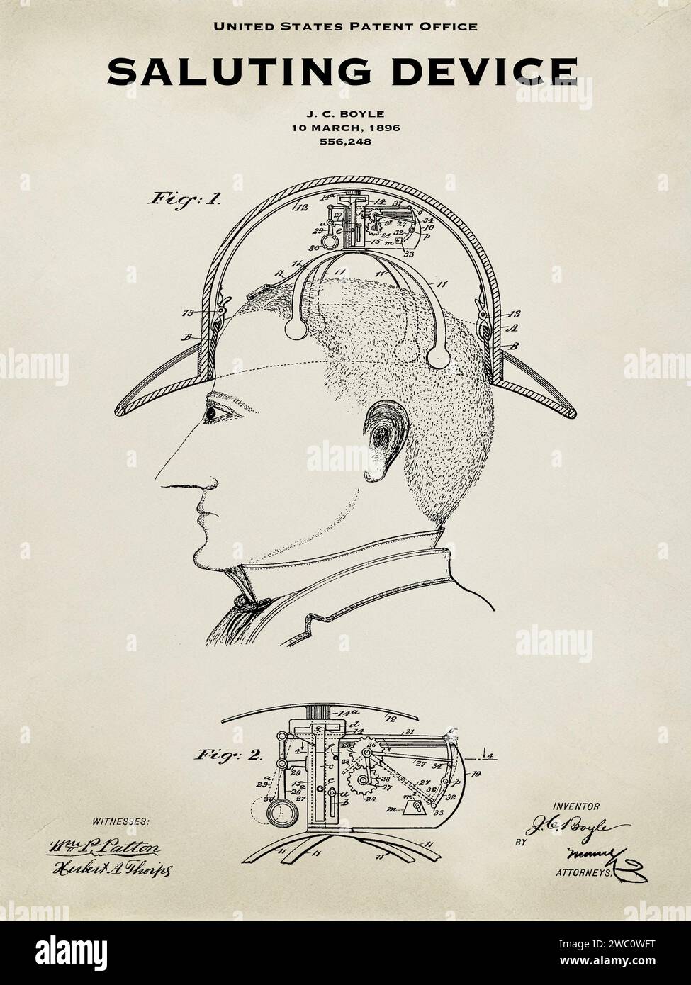 US patent design from 1896 for a saluting hat device on a neutral ...