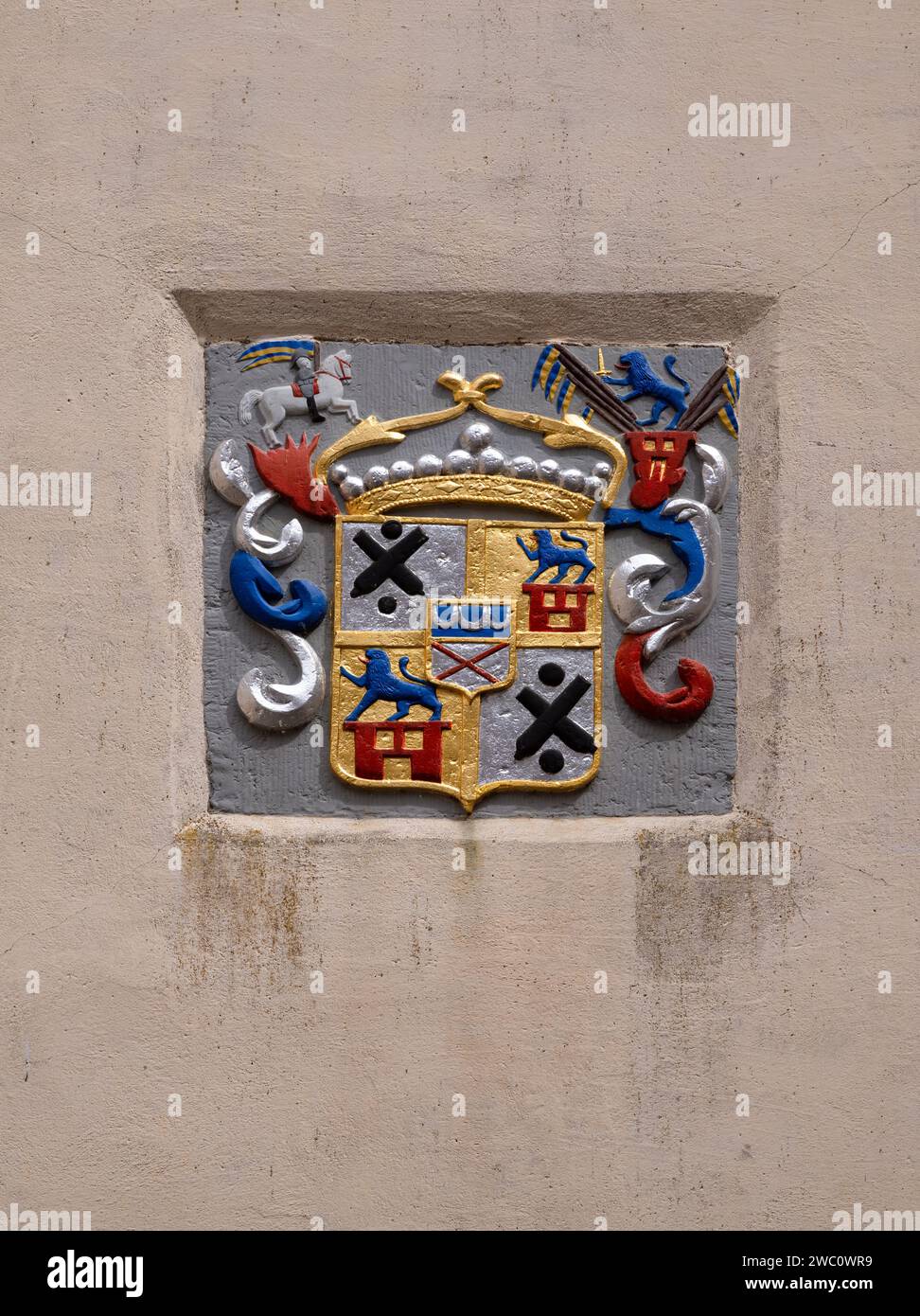 Lacko, Sweden - May 29, 2023: Historical coat of arms in the courtyard ...