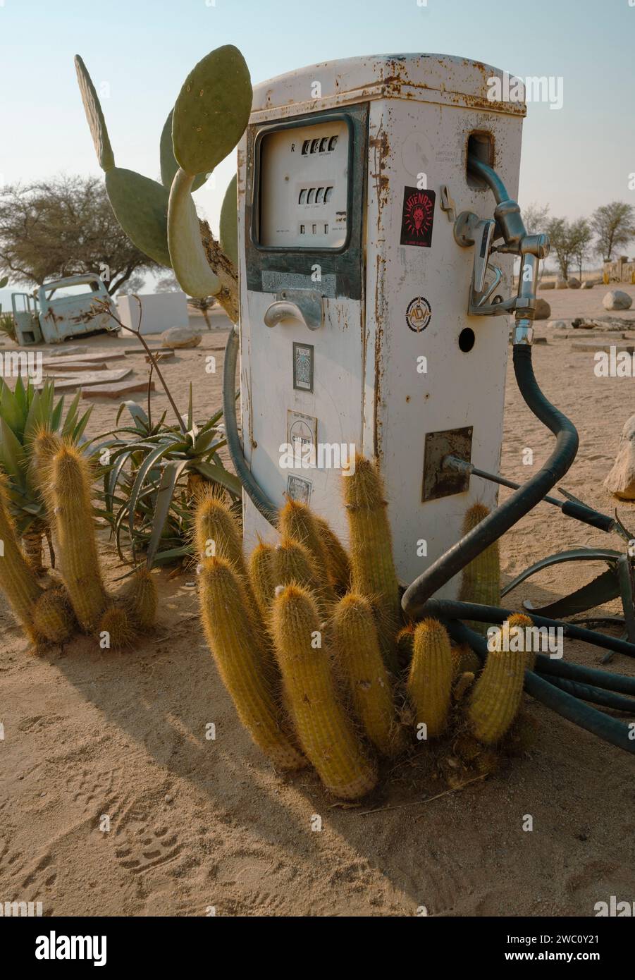 An old fuel pump at a roadhouse gas station in the desert in Namibia ...