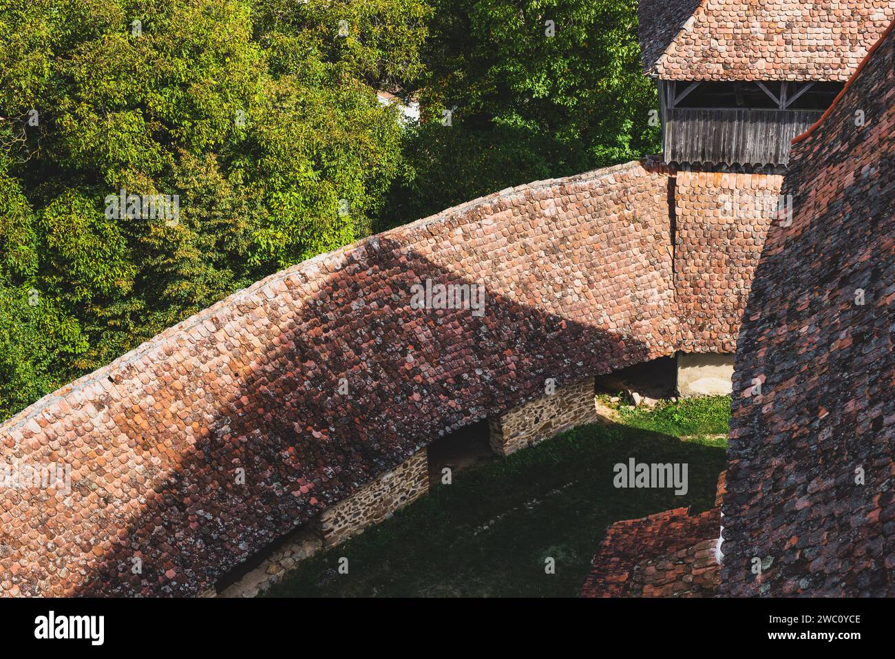 The tiled roof of Viscri fortified church surrounded by lush greenery ...