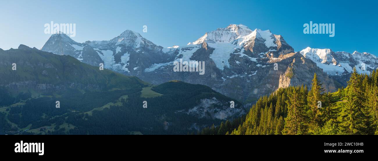 The panorama of Bernese alps with the Jungfrau, Monch and Eiger peaks ...