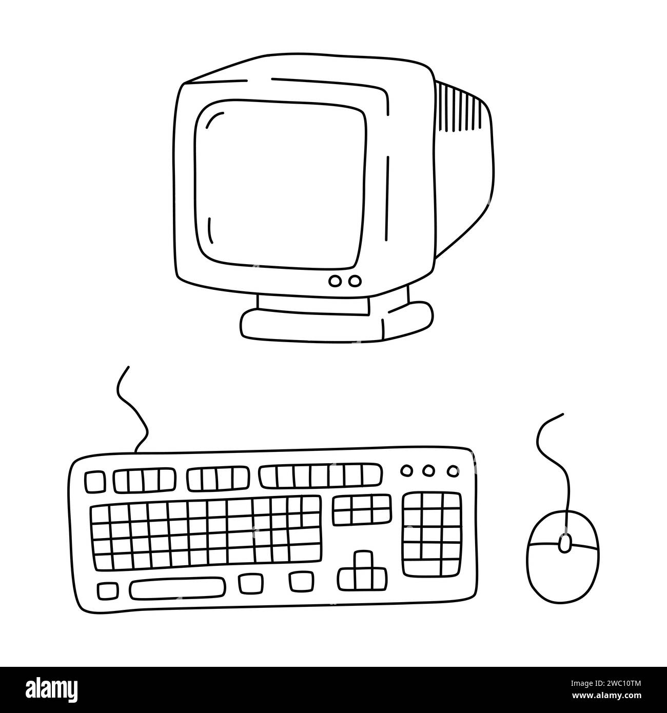 Monitor, keyboard and computer mouse in doodle style. Vector ...