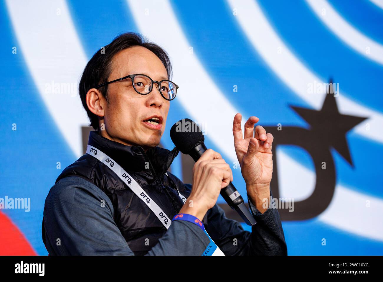 Munich, Germany. 13th Jan, 2024. Yat Siu, Animoca Brands, speaks at the ...