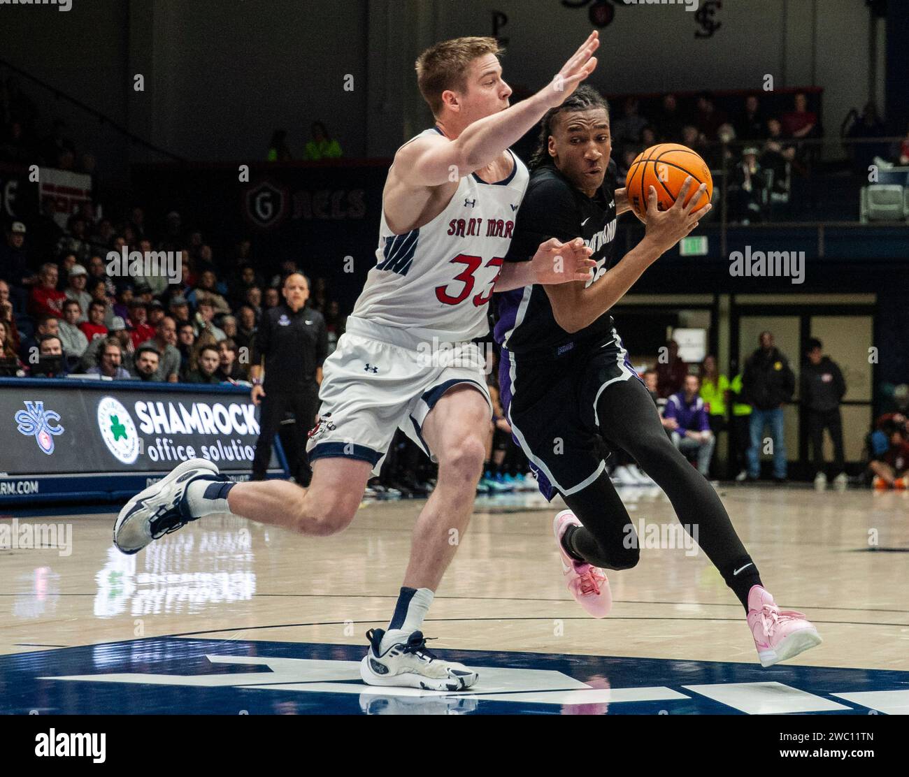 Moraga, CA U.S. 11th Jan, 2024. A. Portland guard Tyler Harris (15 ...