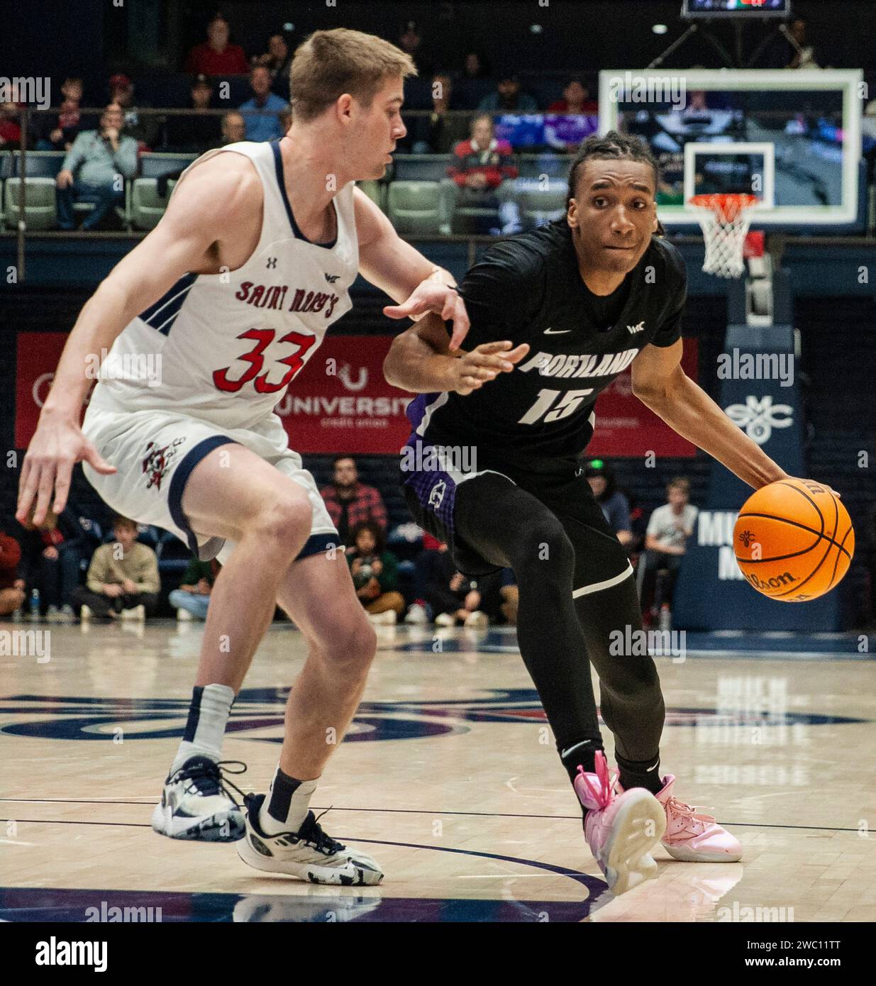 Moraga, CA U.S. 11th Jan, 2024. A. Portland guard Tyler Harris (15 ...