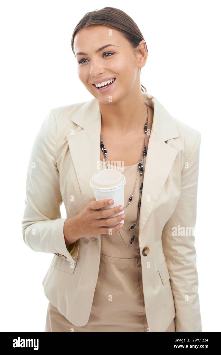 Businesswoman, coffee and takeaway in studio for corporate routine ...