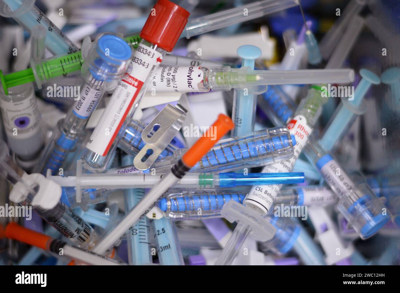 Cairo, Egypt, January 11 2024: medical waste of sharp needles, syringes ...
