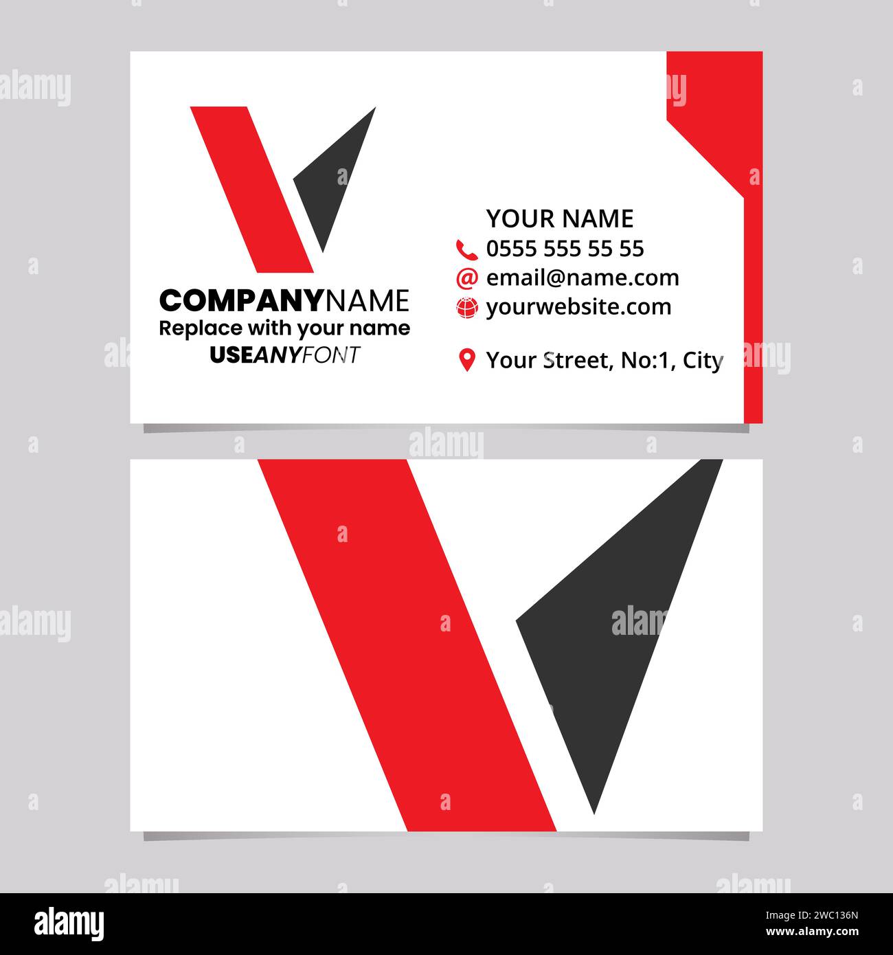 Red and Black Business Card Template with Geometrical Letter V Logo ...