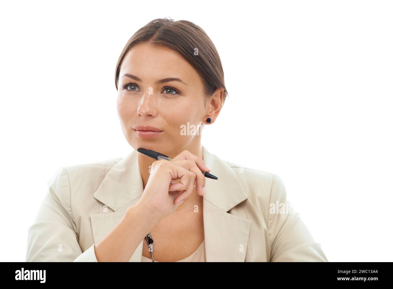 Thinking, pen and face of business woman on white background with ideas ...