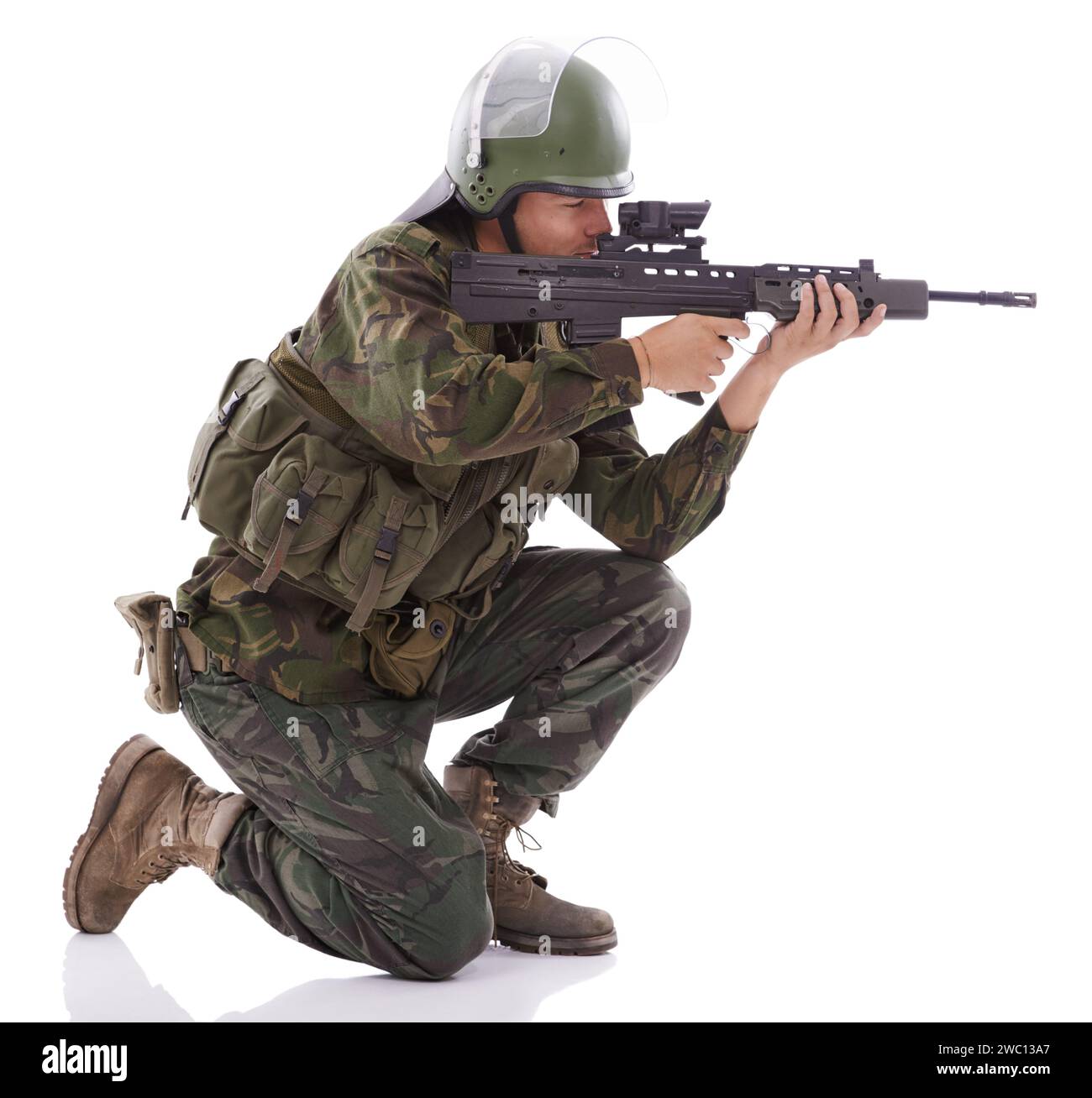 Military, shooting and sniper with man and gun in studio for war ...