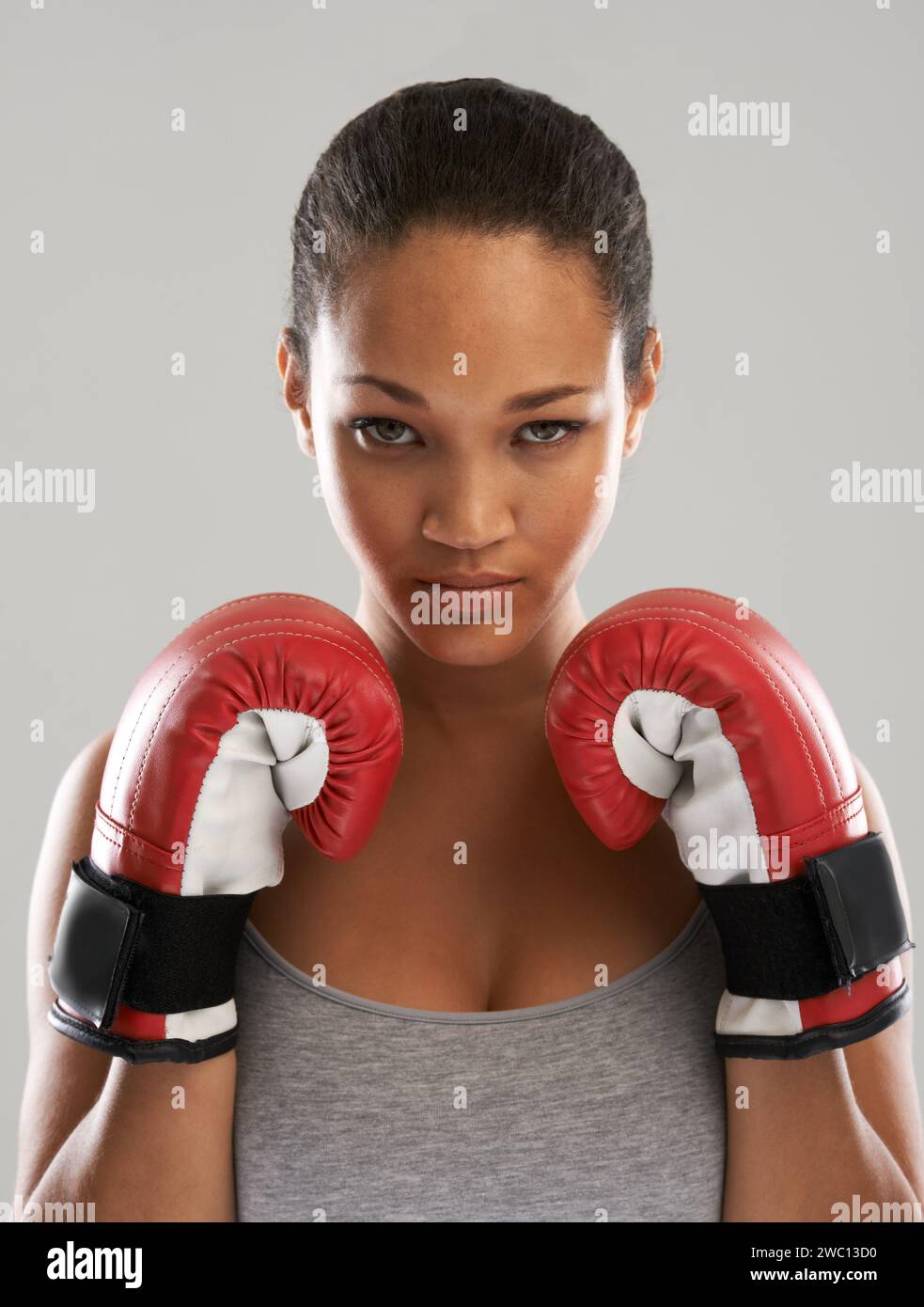 Serious woman, portrait and professional boxer ready for fight or ...