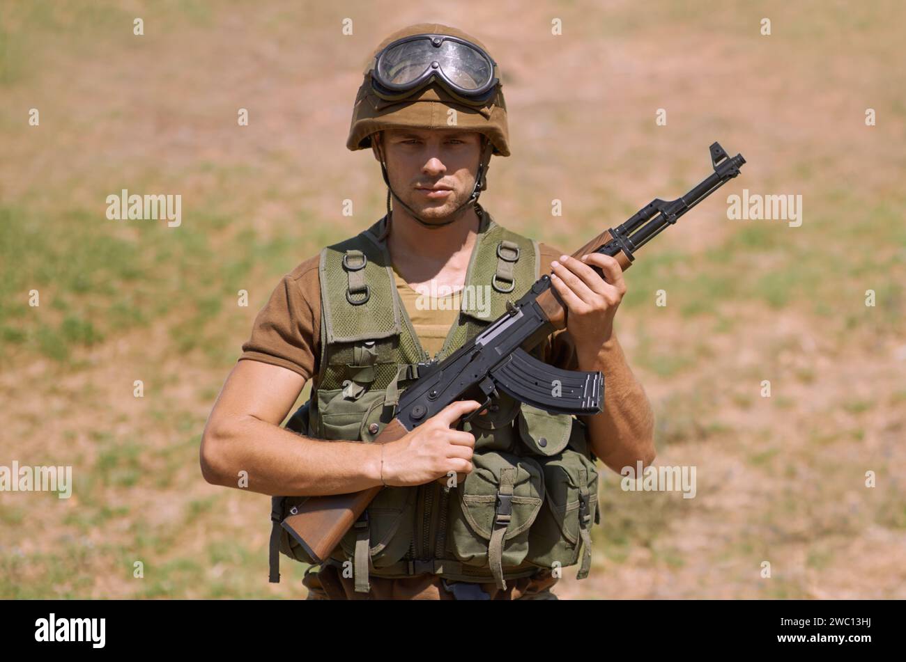Military, gun and training with portrait of man in nature for war ...