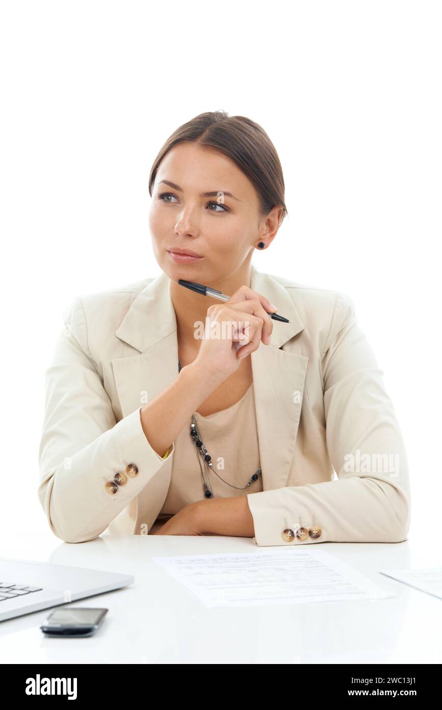 Woman, attorney and contract thinking or document for corporate law ...