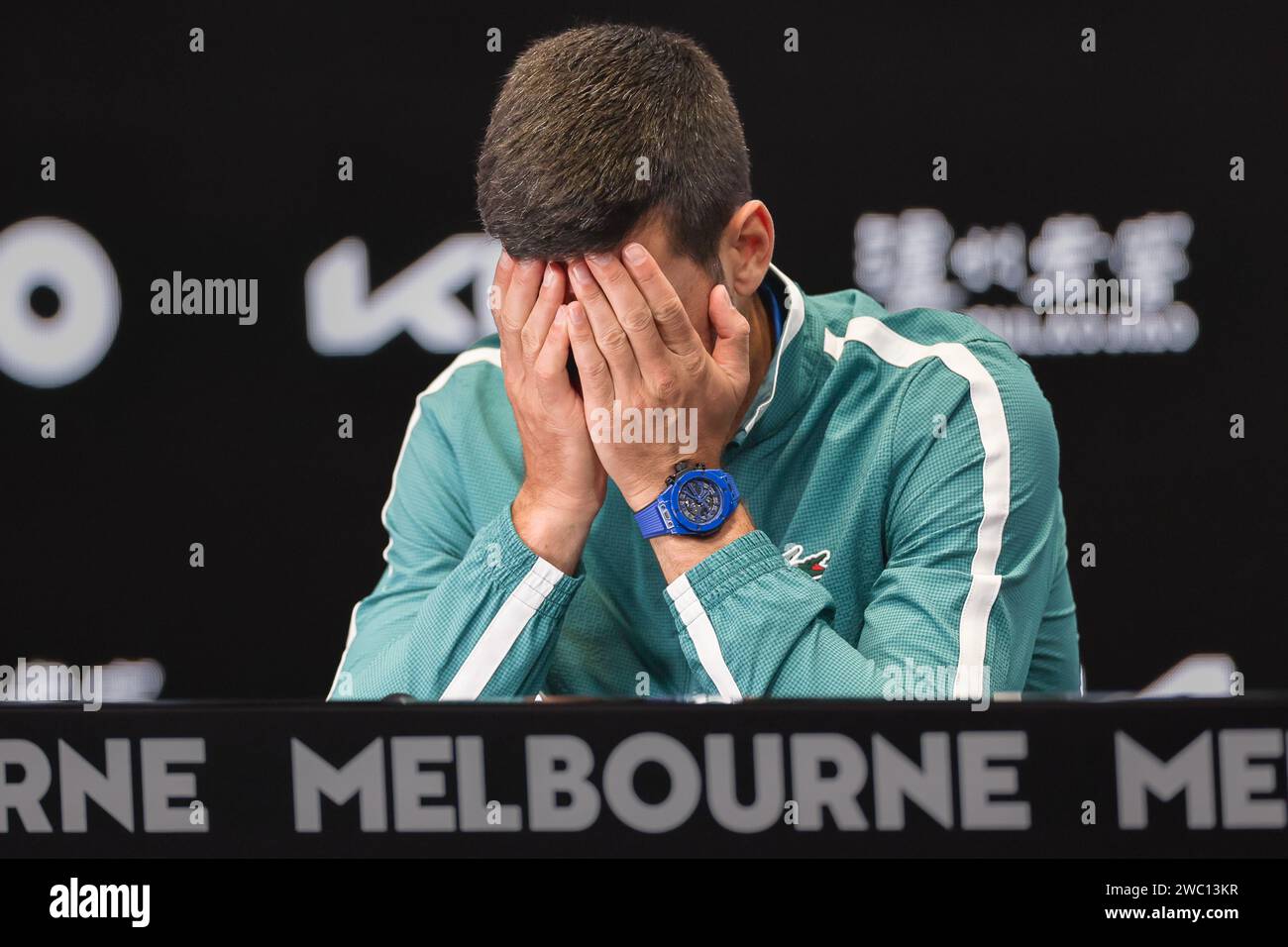 January 13, 2024: Novak Djokovic reacts at his pre-tournament press conference ahead of the ...