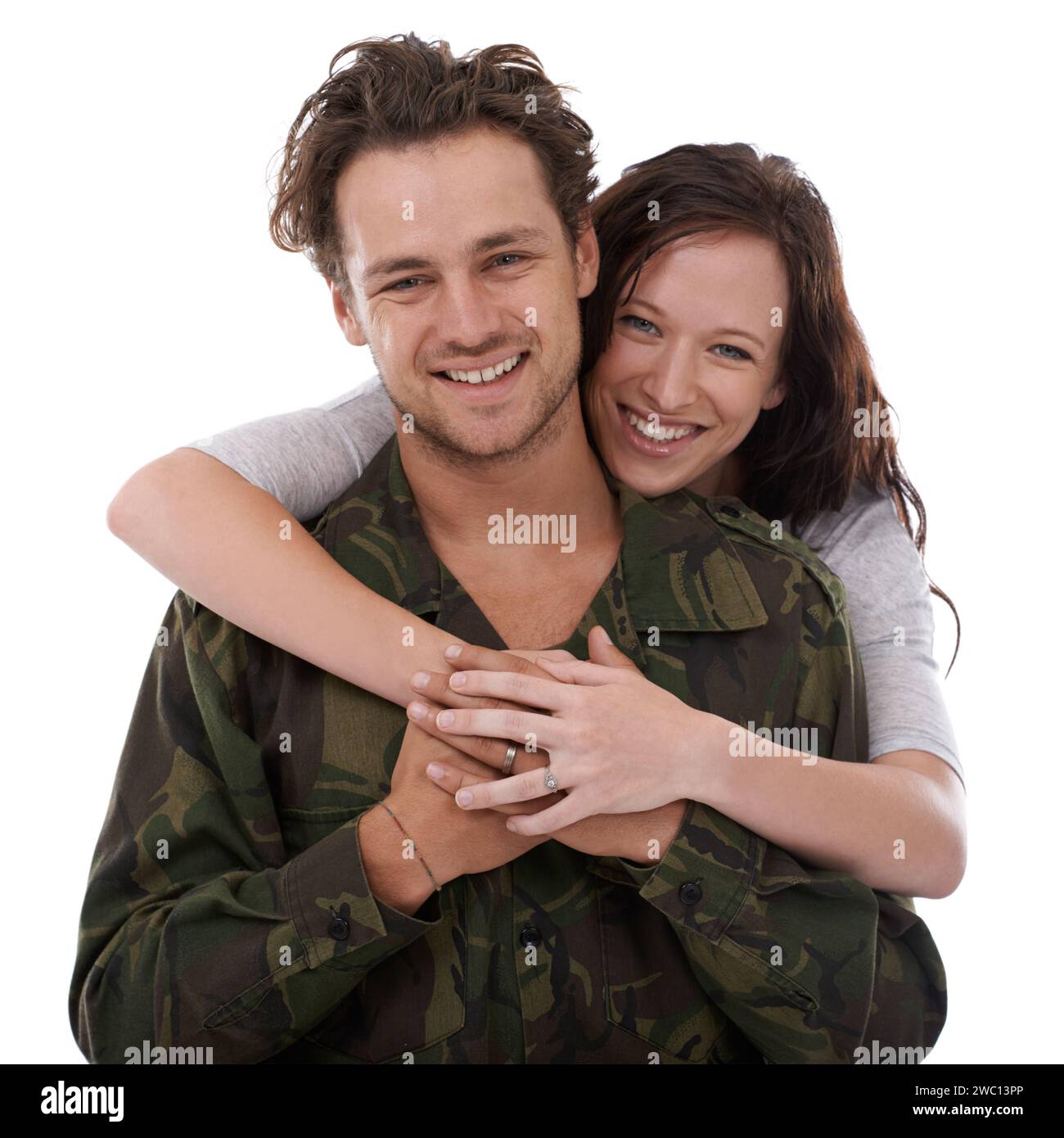 Military couple in portrait, hug for welcome and people smile with love ...