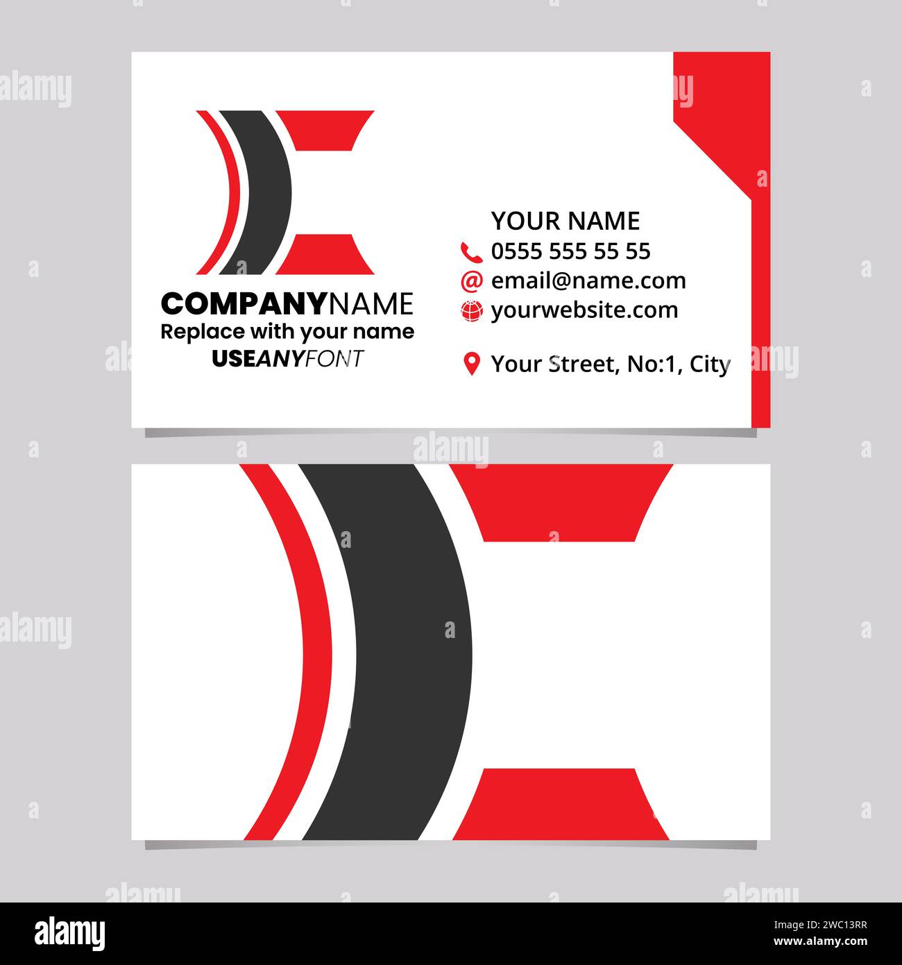 Red and Black Business Card Template with Lens Shaped Letter C Logo ...