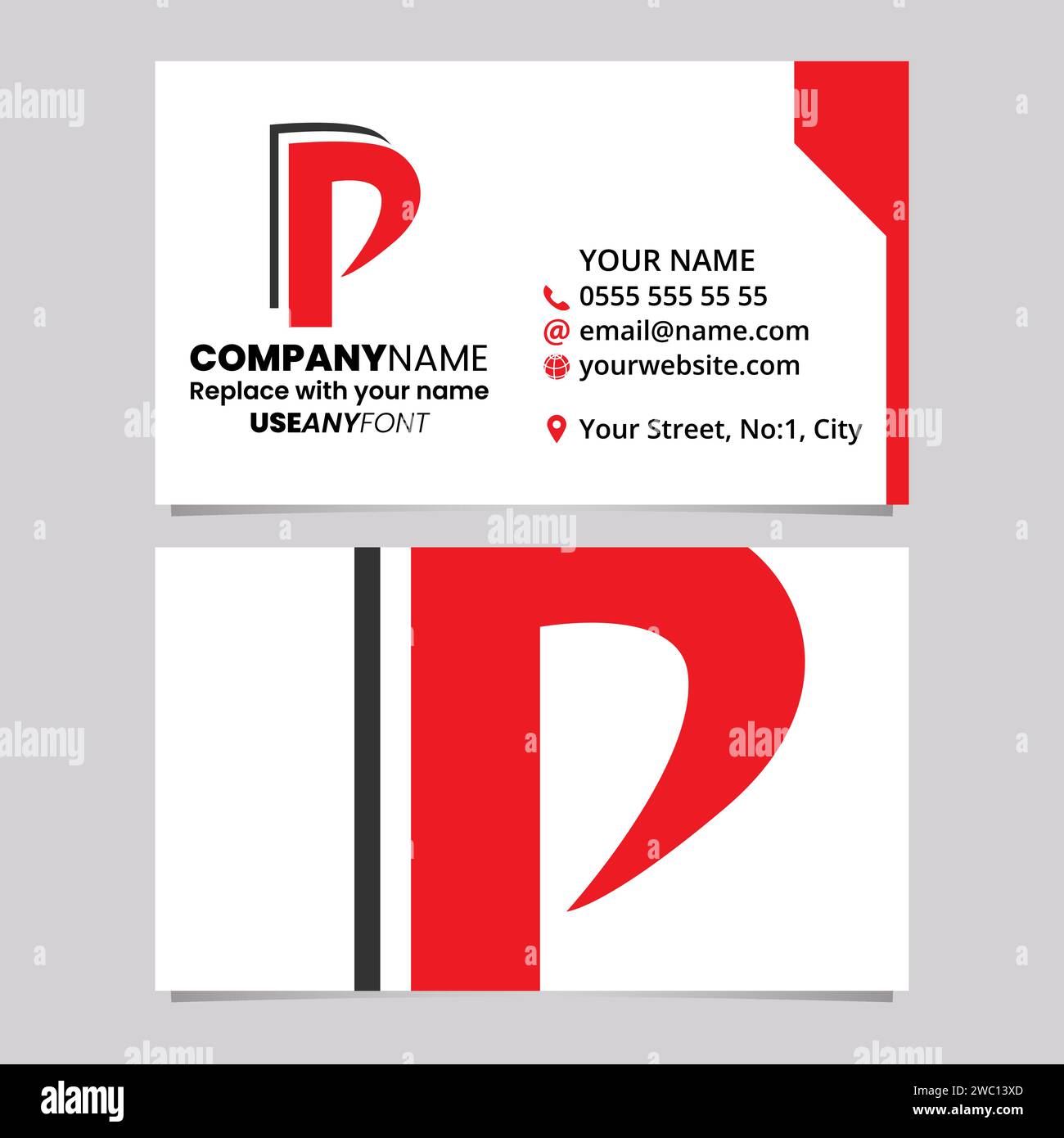 Red and Black Business Card Template with Layered Letter P Logo Icon ...