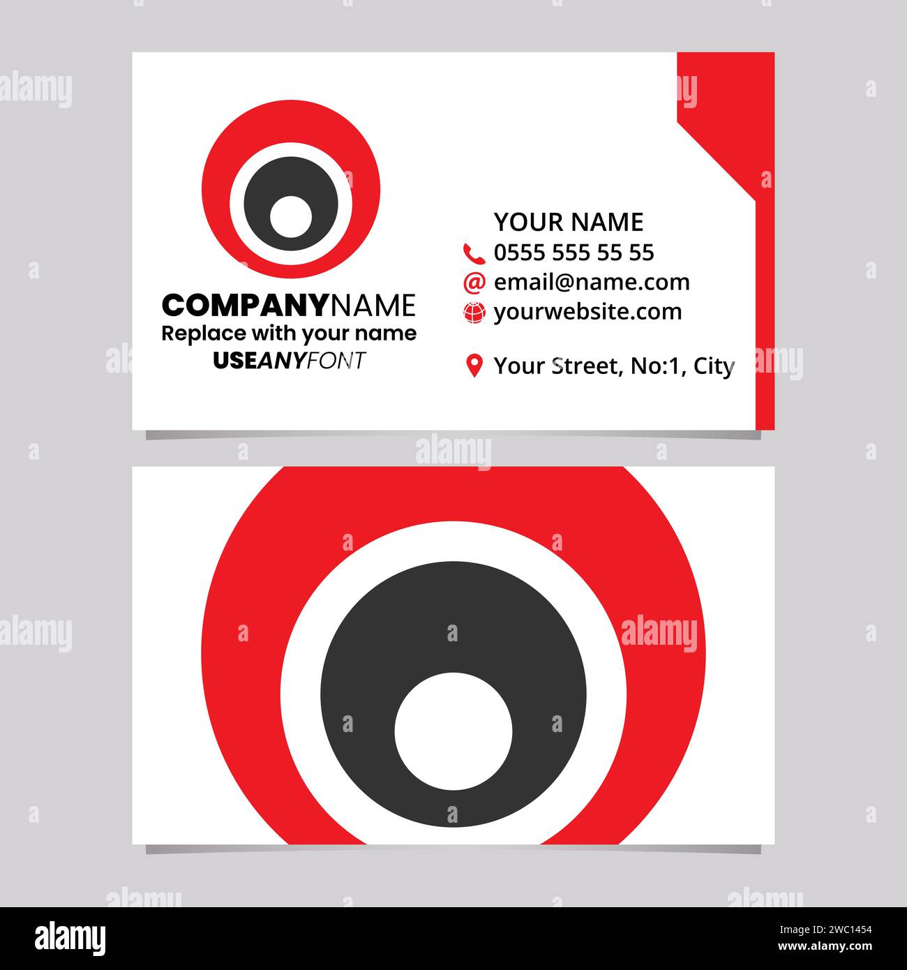 Red and Black Business Card Template with Nested Circle Shaped Letter O ...