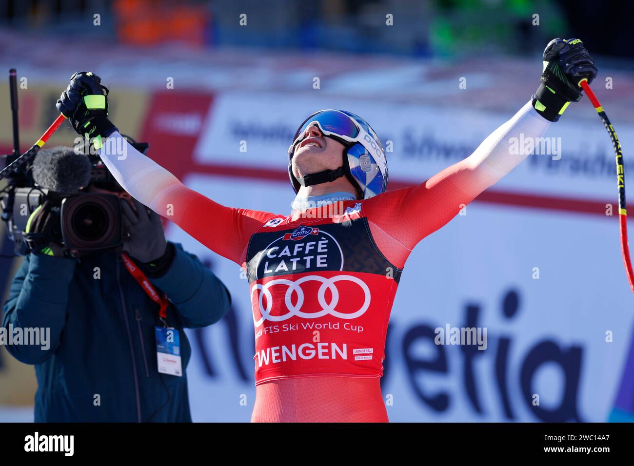 Switzerland's Marco Odermatt reacts after completing an alpine ski, men ...