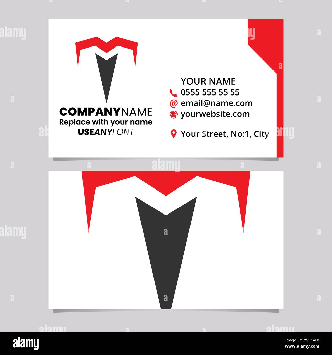 Red and Black Business Card Template with Pointy Tipped Letter T Logo ...