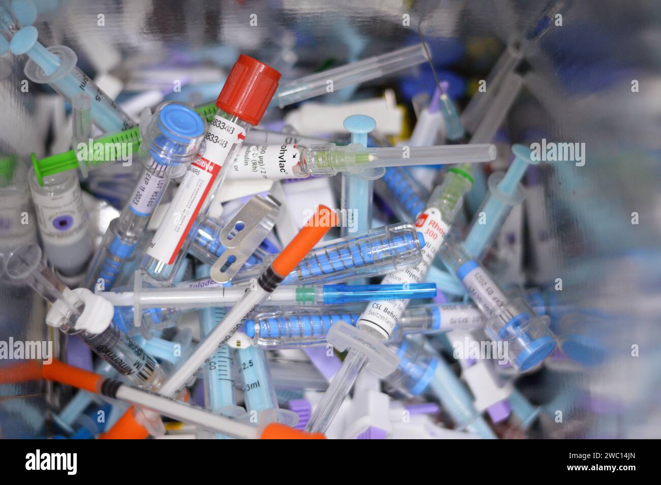 Cairo, Egypt, January 11 2024: medical waste of sharp needles, syringes ...