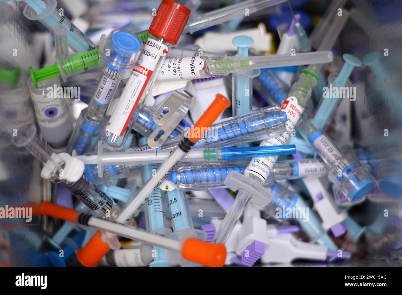 Cairo, Egypt, January 11 2024: medical waste of sharp needles, syringes ...