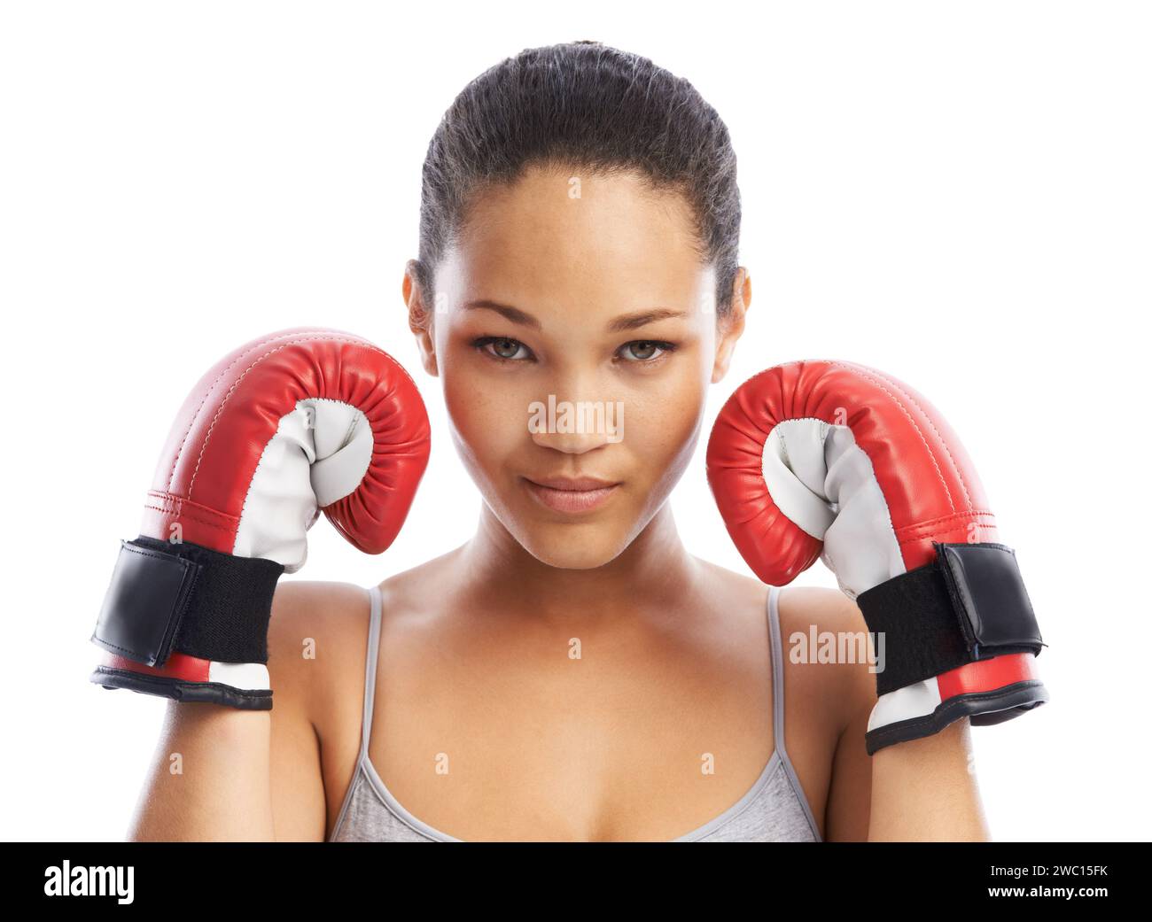 Woman, portrait and boxer ready for fight or competition against a ...
